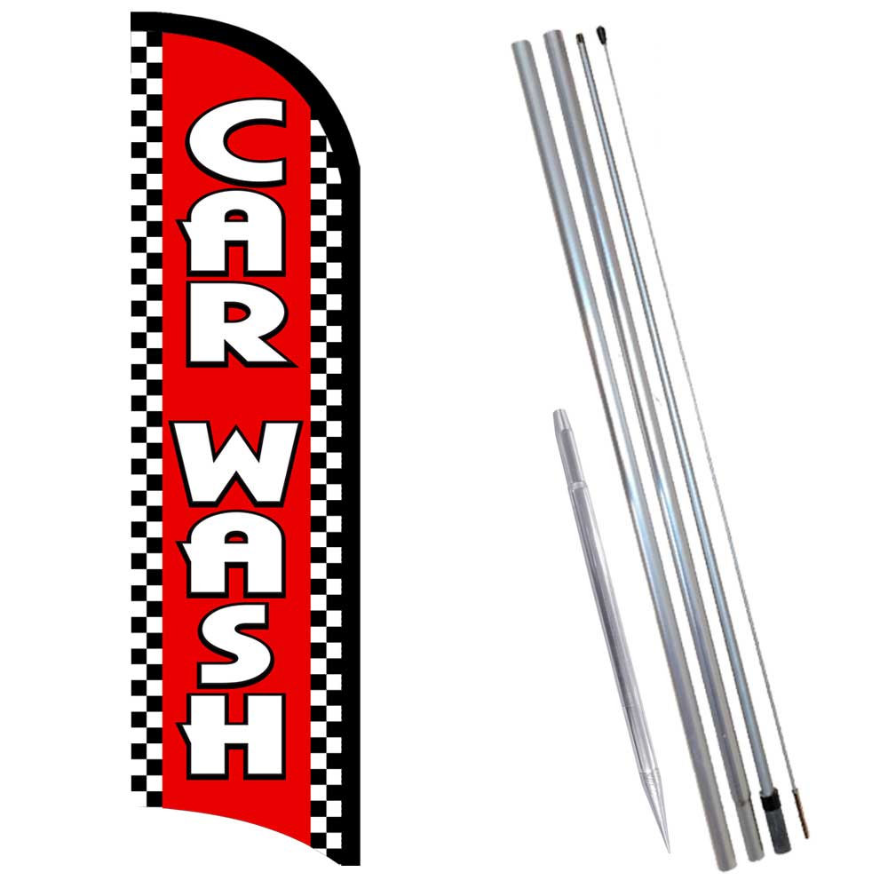 Car Wash (Red/Checkered) Windless Feather Flag Bundle (Complete Kit) OR ...