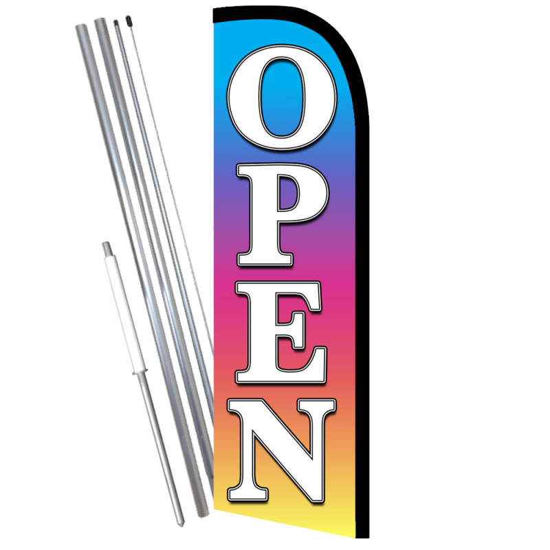 OPEN (Multicolor) Windless Feather Banner Flag Kit (Flag, Pole ...