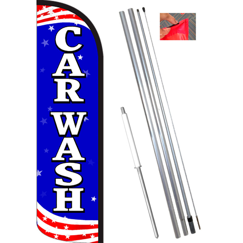 CAR WASH (Patriotic) Windless Feather Flag Bundle (11.5' Tall Flag, 15 ...